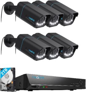 reolink 4k 8ch poe security camera system, 6x rlc-811a black ip outdoor cameras bundle reolink rln8-410 8 channel network video recorder(2tb hdd), 5x optical zoom, human/vehicle detection, spotlights