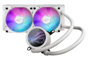 asus rog ryuo iii 240 argb white edition all-in-one aio liquid cpu cooler 240mm radiator, asetek 8th gen pump solution, anime matrix™ led display and rog af 12s argb fan.