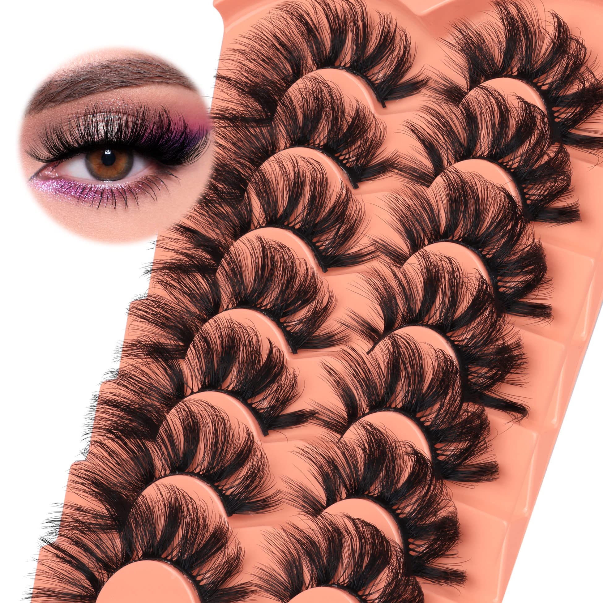 False Eyelashes Fluffy Cat Eye Lashes Wispy Curly 20 mm Long Faux Mink Lashes Strip 3D Dramatic Fake Lash Pack Look Like Extensions 7 Pairs