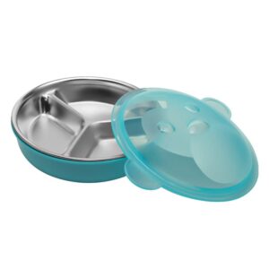 wild & free ranch stainless steel plate and bowl combo with strong anti-slip removeable suction and semi-transparent lid designed for children (blue)