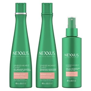 nexxus unbreakable care shampoo, conditioner, and leave-in spray 3 pack for fine and thin hair with keratin, collagen, biotin