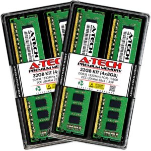 a-tech server 32gb kit (4 x 8gb) 2rx8 pc3l-10600e ddr3 1333mhz ecc unbuffered udimm 240-pin dual rank dimm 1.35v workstation server memory ram upgrade stick modules (a-tech enterprise series)