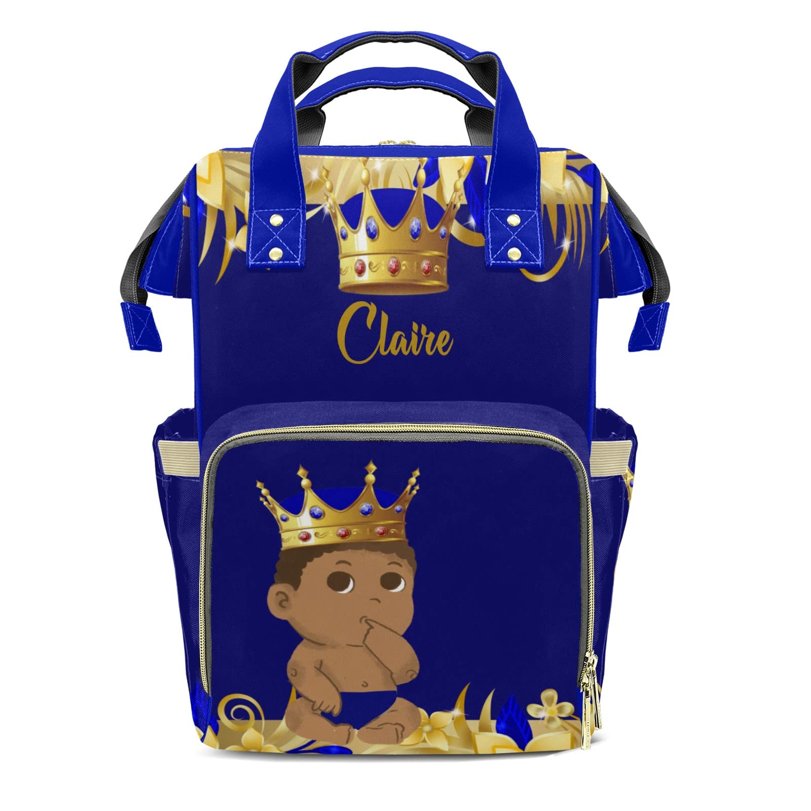 XOZOTY Blue Gold Baby Boy Personalized Diaper Bag Backpack Name Custom Mommy Nappy Baby Bag Daypack for Mom Dad Gifts