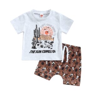 western summer outfits infant toddler baby boys cow letter printed short sleeve t-shirt tops and shorts 2pcs clothes set (gray+brown, 18-24 months)