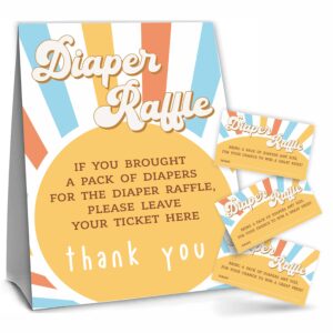 ykyenr diaper raffle baby shower party, diaper raffle game kit，1 diaper raffle standing sign & 50 tickets，retro pop theme baby shower decorations，party favor and supplies-nblk-a02