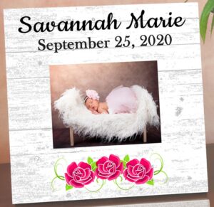 new baby frame alternative - personalized baby girl birth gift - upload picture or photo - with customized name and birthday flowers