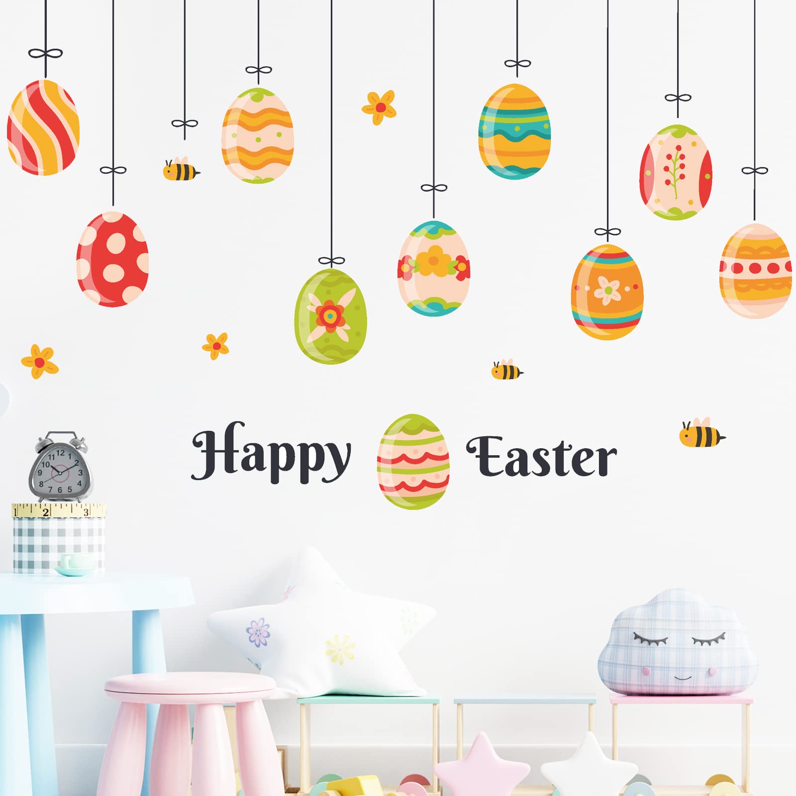 Happy Easter Wall Decals Eggs Wall Stickers Peel and Stick Easter Wall Decorations Window Clings for Nursery Classroom Kids Room Baby Bedroom Home Kitchen Easter Party Decoration (Eggs)