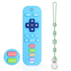 tv remote control shape silicone toddler teething toys for babies 0-24 months,baby teether toys and pacifier clip, boys girls baby chew toys (blue)