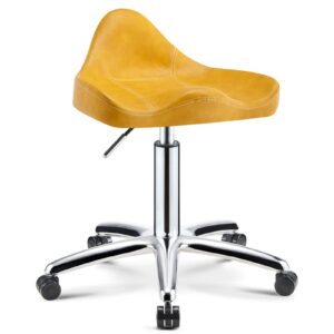 solid saddle stool ergonomic,professional equipment pu leather thick padding salon stool for hairdressing massage spa salon tattoo dental clinic bar studio/yellow