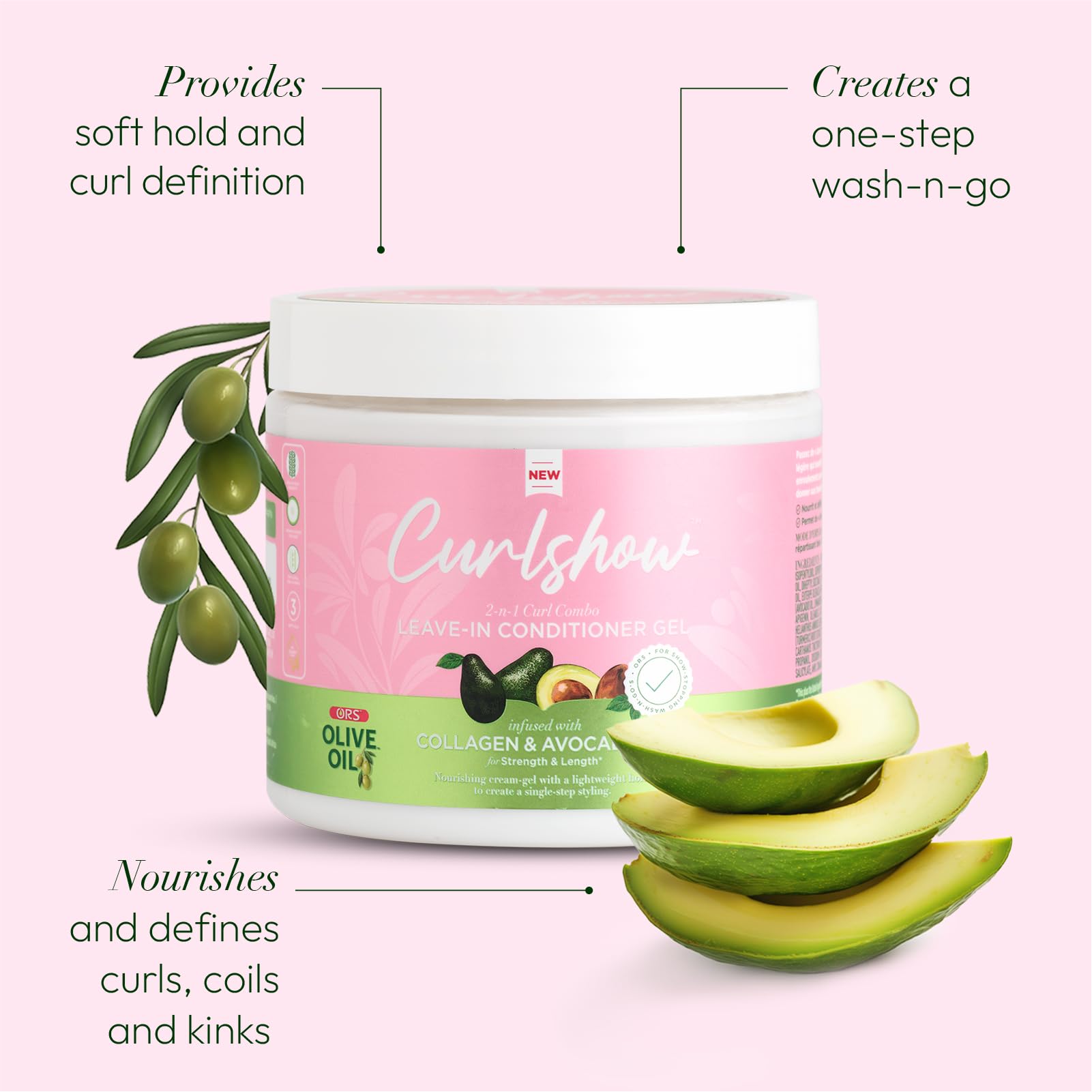 ORS Olive Oil Curlshow Leave-In Conditioner Gel Infused with Collagen & Avocado Oil for Strength & Length (16.0 oz)