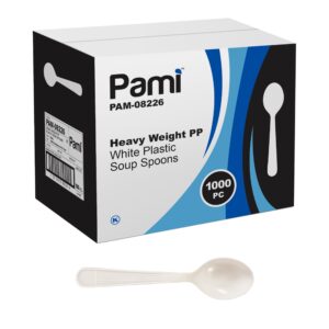 pami heavy weight disposable plastic soup spoons [1000-pack] - bulk white plastic silverware for parties, weddings, catering food stands, takeaway orders & more- heavy-duty single-use partyware spoons