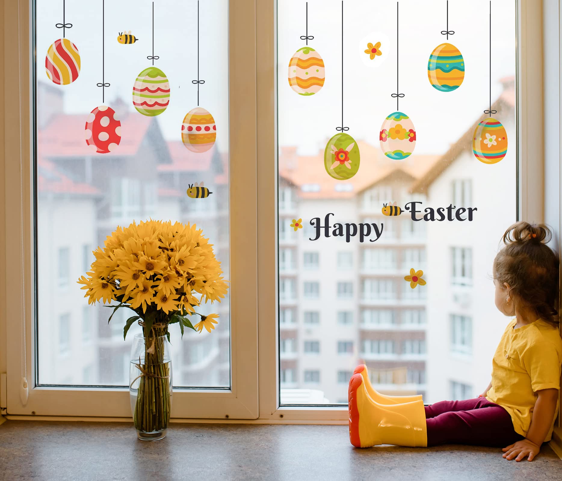 Happy Easter Wall Decals Eggs Wall Stickers Peel and Stick Easter Wall Decorations Window Clings for Nursery Classroom Kids Room Baby Bedroom Home Kitchen Easter Party Decoration (Eggs)