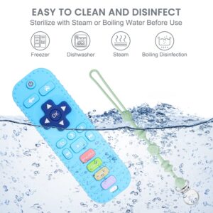 TV Remote Control Shape Silicone Toddler Teething Toys for Babies 0-24 Months,Baby Teether Toys and Pacifier Clip, Boys Girls Baby Chew Toys (Blue)