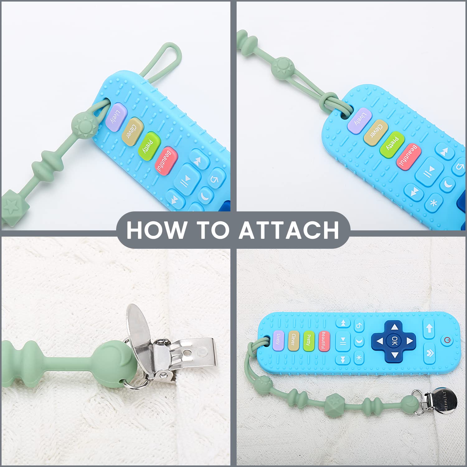 TV Remote Control Shape Silicone Toddler Teething Toys for Babies 0-24 Months,Baby Teether Toys and Pacifier Clip, Boys Girls Baby Chew Toys (Blue)