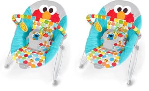 bright starts sesame street i spot elmo! 3-point harness vibrating baby bouncer with toy bar (pack of 2)