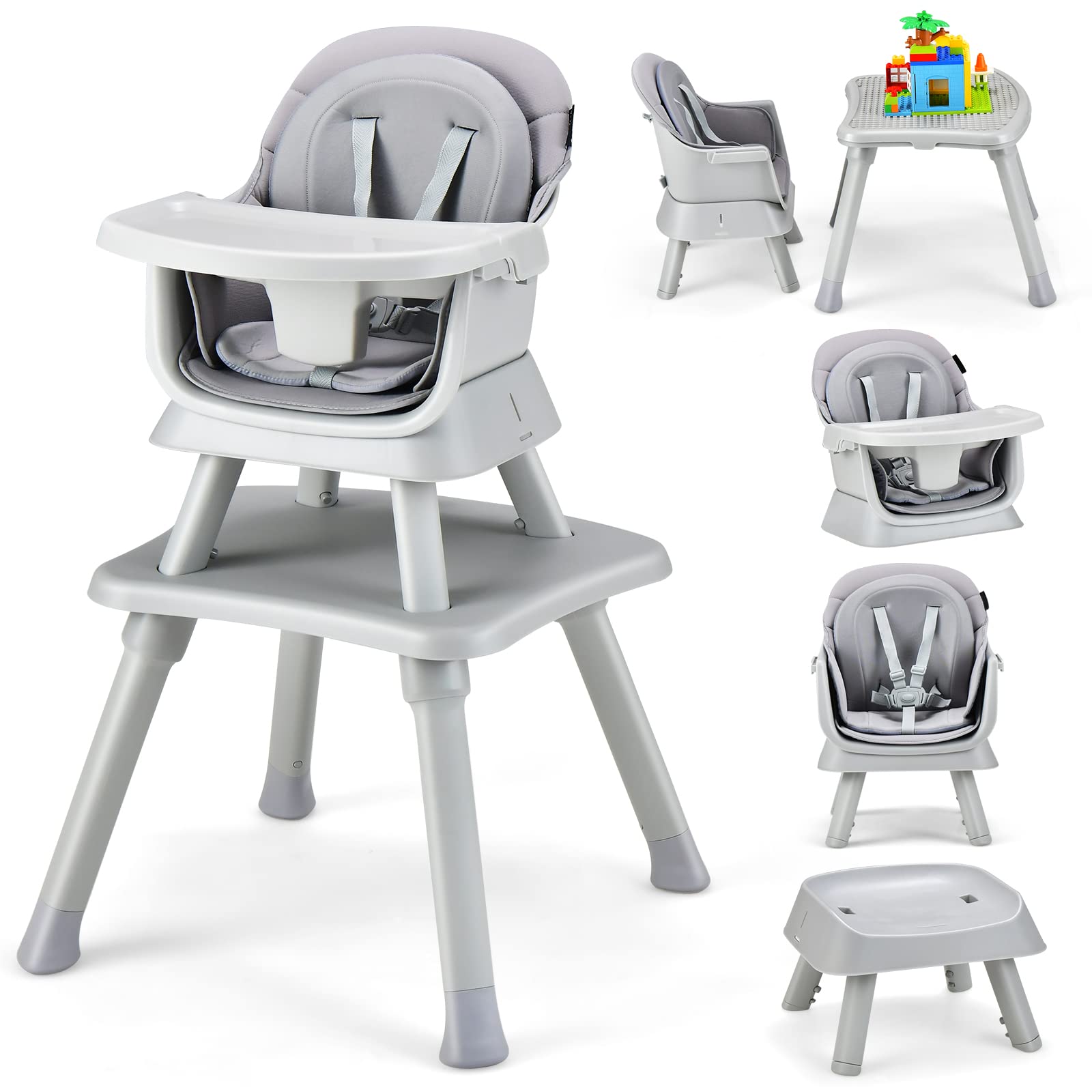 HONEY JOY 8 in 1 Baby High Chair, Convertible Highchair for Babies and Toddlers/Table and Chair Set/Building Block Table/Booster Seat/Stool/Toddler Chair with Safety Harness (Gray)