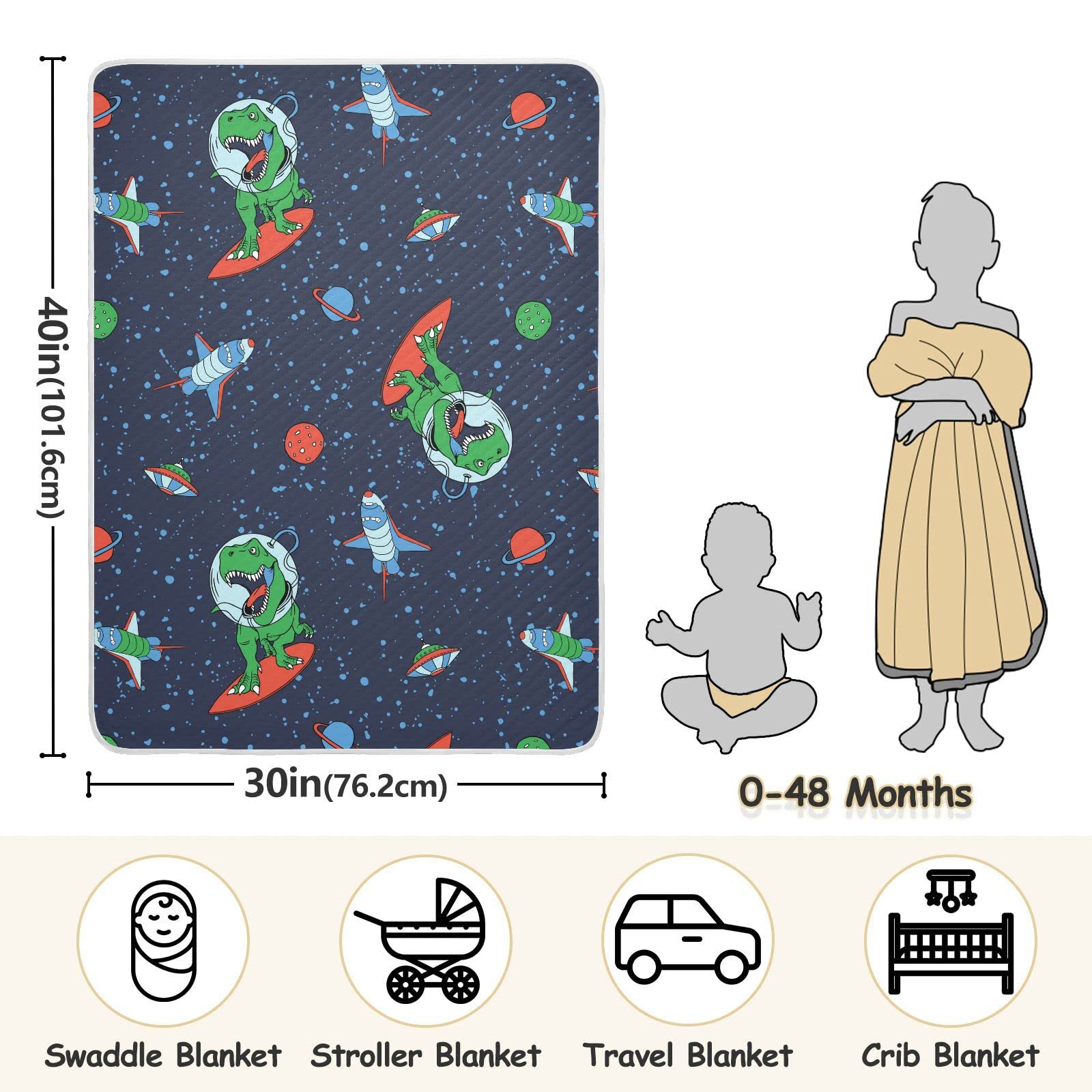 Mazeann Astronaut Dinosaur Galaxy Baby Blankets Soft Warm Crib Stroller Blanket for Toddler Newborn Girls Boys, 30x40in