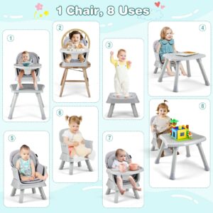 HONEY JOY 8 in 1 Baby High Chair, Convertible Highchair for Babies and Toddlers/Table and Chair Set/Building Block Table/Booster Seat/Stool/Toddler Chair with Safety Harness (Gray)