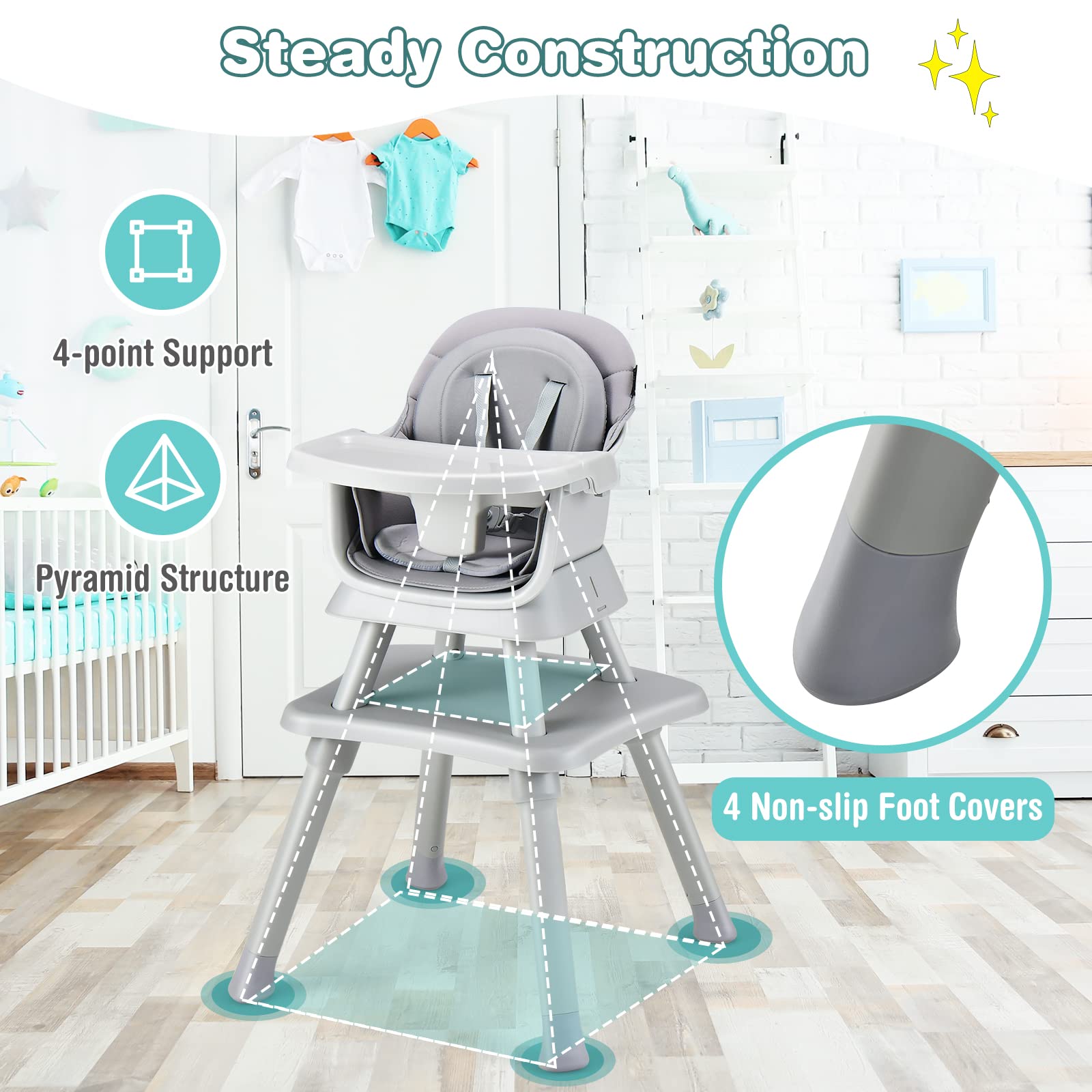 HONEY JOY 8 in 1 Baby High Chair, Convertible Highchair for Babies and Toddlers/Table and Chair Set/Building Block Table/Booster Seat/Stool/Toddler Chair with Safety Harness (Gray)