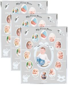 tiny ideas baby's first year picture frame, first year by month, newborn baby registry, silver (pack of 3)