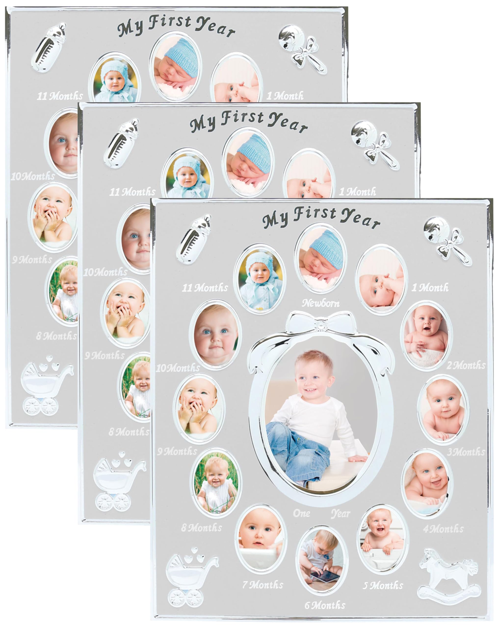 tiny ideas Baby's First Year Picture Frame, First Year by Month, Newborn Baby Registry, Silver (Pack of 3)