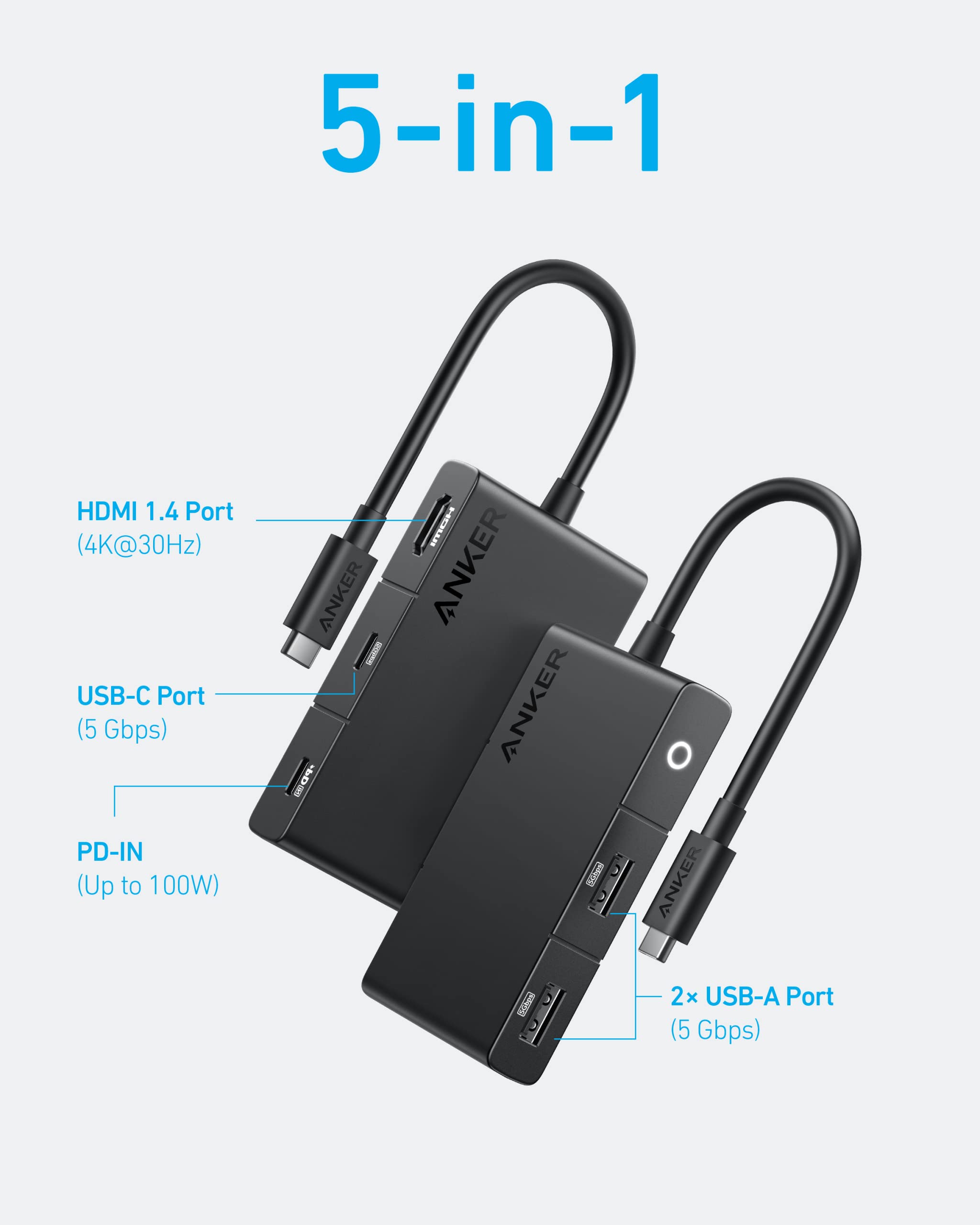 Anker USB C Hub, 332 USB-C Hub (5-in-1, 4K HDMI) with 100W Power Delivery, 4K@30Hz HDMI Display, 5Gbps USB-C and USB-A Data Ports & New Nylon USB C to USB C Cable 100W 10ft