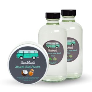 vanman's - oral mouth care kit with powder toothpaste (2.5 ounce) and two oral rinse mouthwash (8 ounce) - aloe, mint remineralizing mouthwash and tooth powder with coconut charcoal, egg shell powder