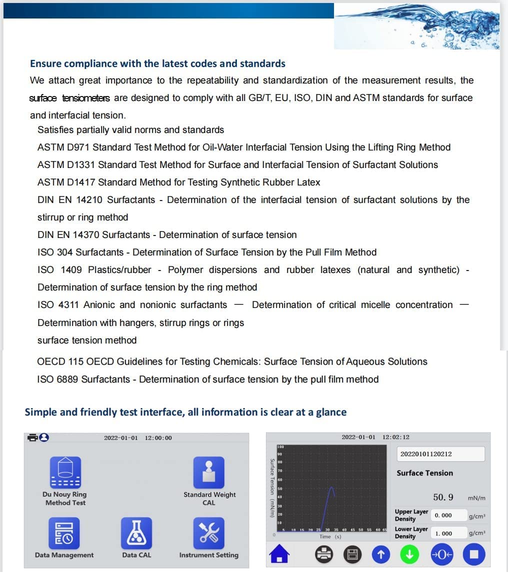 VTSYIQI Surface Tensiometer Du Nouy Liquid Tensiometer Surface Tension Meter Tester With Pt Loop Range 0 to 1000 mN/m Accuracy 0.1mN/m For Oil Paint Industry Test Real Time Display