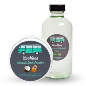 vanman's - oral mouth care kit with powder toothpaste (2.5 ounce) and oral rinse mouthwash (8 ounce) - aloe, mint remineralizing mouthwash and tooth powder with coconut charcoal, egg shell powder