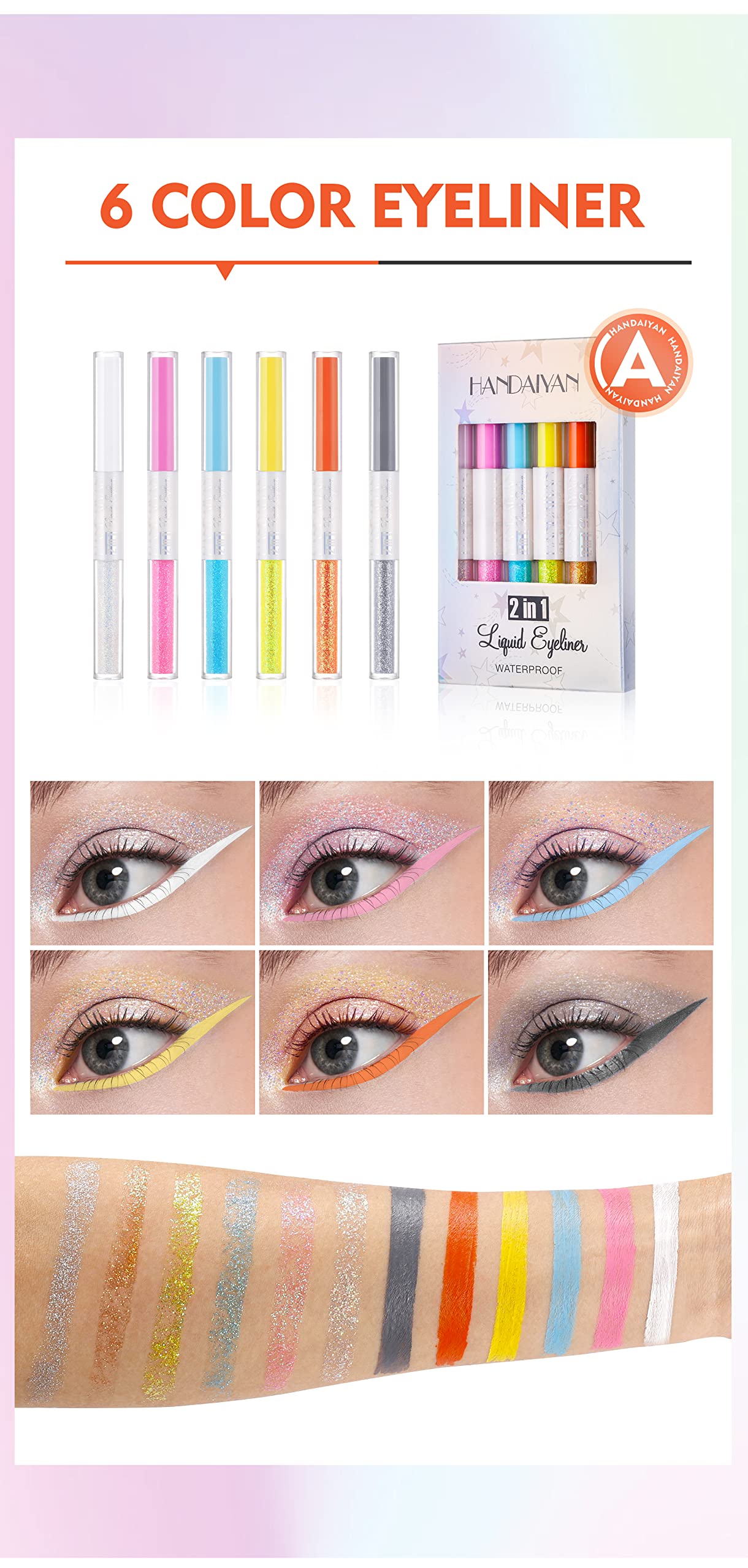 BestLand 2 in 1 Matte Glitter Liquid Eyeliner Set Rainbow Colorful Neon Eyeliner Pencil Pigmented Waterproof Smudgeproof Long Lasting Korean Eye Glitter Christmas Makeup Gift Kit for Women (2 in 1 Set A)