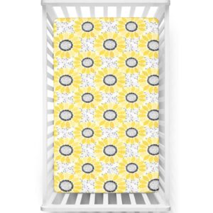 sunflower themed fitted mini crib sheets,portable mini crib sheets soft toddler mattress sheet fitted-baby crib sheets for girl or boy,24“ x38“,yellow black grey