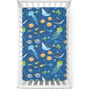 under the sea themed fitted mini crib sheets,portable mini crib sheets soft and breathable bed sheets-baby crib sheets for girl or boy,24“ x38“,dark sky blue and multicolor