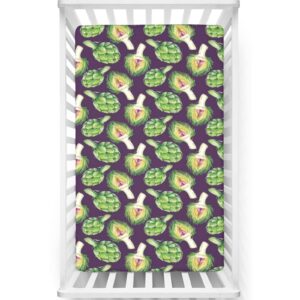 vegetable art themed fitted mini crib sheets,portable mini crib sheets soft toddler mattress sheet fitted-baby sheet for boys girls,24“ x38“,fern green plum