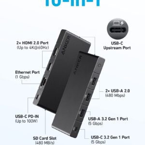 Anker 364 USB C Hub (10-in-1, Dual 4K HDMI) with Max 100W Power Delivery, Dual 4K@60Hz HDMI Ports, 4 USB-A and USB-C Data Ports & USB C Cable, New Nylon USB C to USB C Cable (6ft 60W, 2-Pack, USB 2.0)