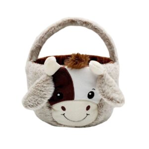 cute plush cow easter basket for kids, cow easter buckets with plush ear, candy buckets storage tote bag easter decorations (cow easter basket, 7.9"l x 7.9"w x 9.8"h)