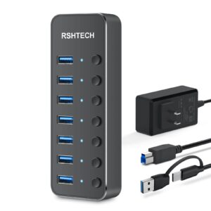 powered ubs hub, rshtech 7 port usb 3.0/usb c hub upgraded version aluminum usb hub with 2-in-1 usb cable,5v 3a power adapter and individual switches, usb port expander hub for laptop and pc, rsh-st07