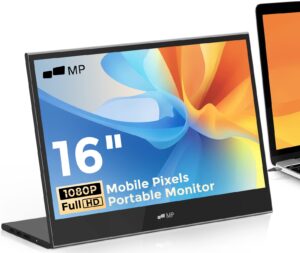 mobile pixels glance portable monitor, 16" fhd 1080p monitor, travel monitor with dual speakers, tilt adjustment & non-slip, hdmi usb c connection plug & play extra monitor for laptop, macos, windows