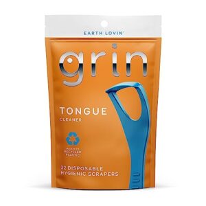 grin tongue cleaner, 32 count, disposable tongue cleaner, hygienic scraper, recycled plastic, clean tongue, promote fresh breath, includes safe fold- back tooth pick