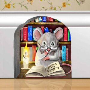 mouse reading book, wall decor sticker decal, kids room, classroom, home, bedroom, bookcase, book lover, of mice and men, children, adorable, (librarian mouse)