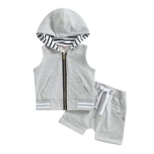 allshope toddler baby boy summer outfit sets sleeveless zipper pockets hoodie with solid color drawstring shorts 2pcs clothes set (gray, 2-3 years)