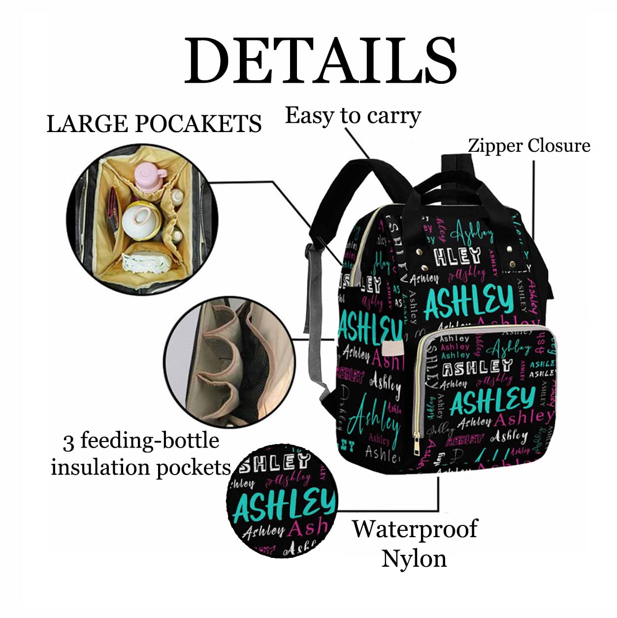 Artsadd Custom Diaper Back Pack with Thermal Pockets, Bow Tie Glitter Travel Backpack Customized Baby Backpack with Name for New Mom Baby Shower Gifts