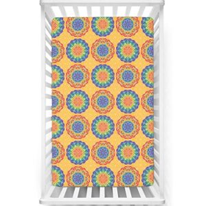 rainbow mandala themed fitted mini crib sheets,portable mini crib sheets ultra soft material-baby crib sheets for girl or boy,24“ x38“,multicolor