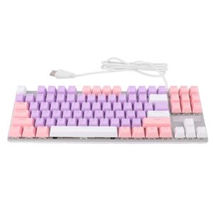 blue switch usb wired gaming keyboard, floating key structure with splash proof drainage holes, conflict free design, 87 key 26 rgb color mechanical keyboard(purple pink white)