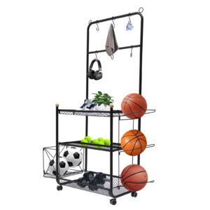 dyrabrest garage sports equipment organizer, ball storage garage organizer, indoor/outdoor sports rack for garage organizer with basket and hooks, toy/sports gear storage