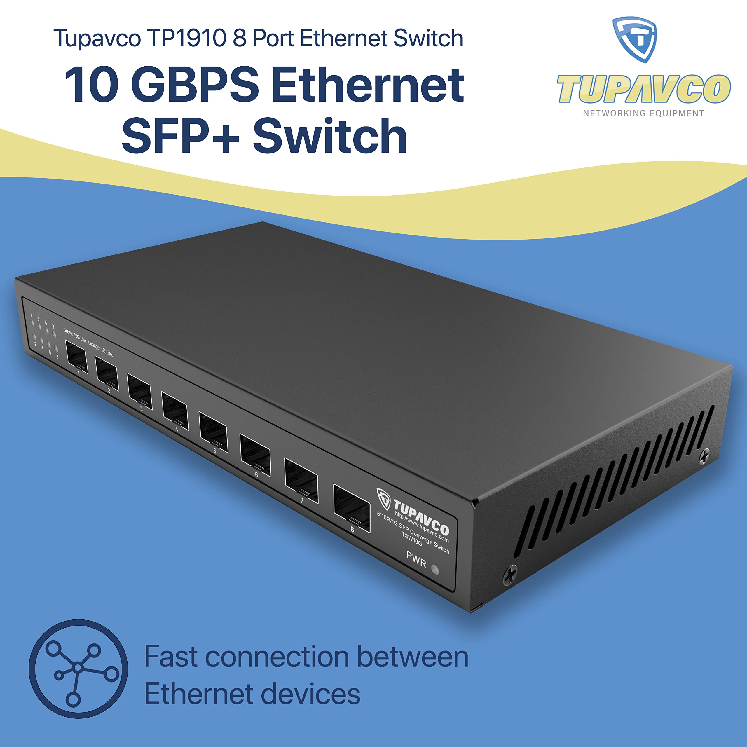 10GB SFP+ Switch (8 Port - Unmmanaged) - 10 Gigabit Ethernet at 8 Small Form-Factor Pluggable Slot for Fiber Optic (Optical Cable) Network or LAN (RJ45/CAT6+) Transceiver Devices - Tupavco TP1910