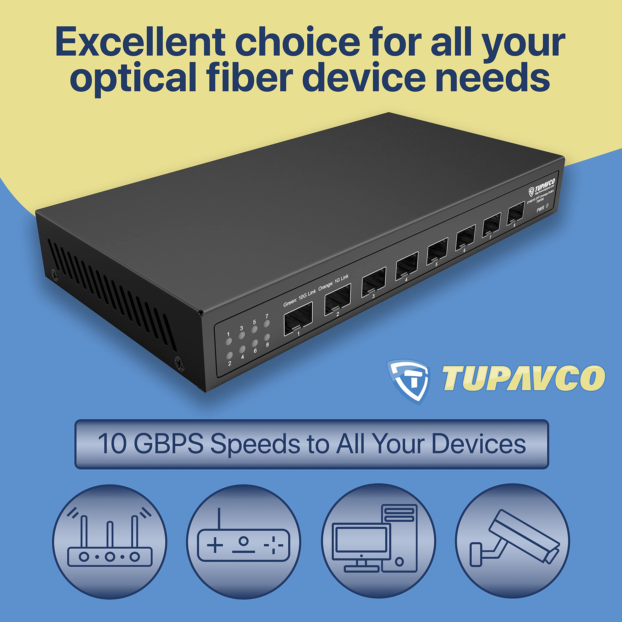 10GB SFP+ Switch (8 Port - Unmmanaged) - 10 Gigabit Ethernet at 8 Small Form-Factor Pluggable Slot for Fiber Optic (Optical Cable) Network or LAN (RJ45/CAT6+) Transceiver Devices - Tupavco TP1910