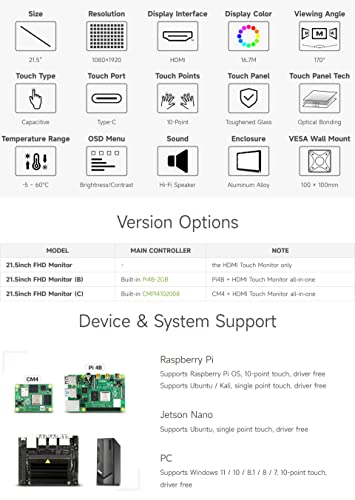 waveshare 21.5inch Capacitive Touch Monitor, 1080×1920 Full HD, Compatible with Raspberry Pi/Jetson Nano/PC-Monitor+ PI4B-2GB