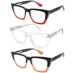 3 pack oprah style oversized reading glasses for women, blue light blocking computer readers, anti uv ray/eye strain/glare cat eye eyeglasses with pouches