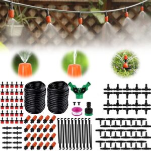 mist cooling automatic irrigation system, 2023 new drip irrigation kit cooling irrigation system, garden plant watering sprinkler system with distribution tubing hose adjustable nozzles (32.8ft/10m)