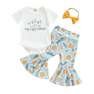 baby girl floral bell bottoms outfit little wildflower romper short sleeve onesie pants headband spring clothes set (white & blue, 6-12 months)